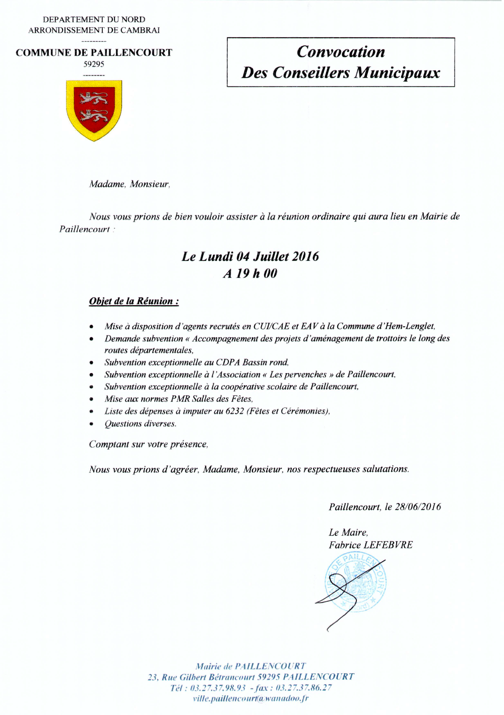 convocation pour la réunion de Conseil Municipal 04/07 – Paillencourt