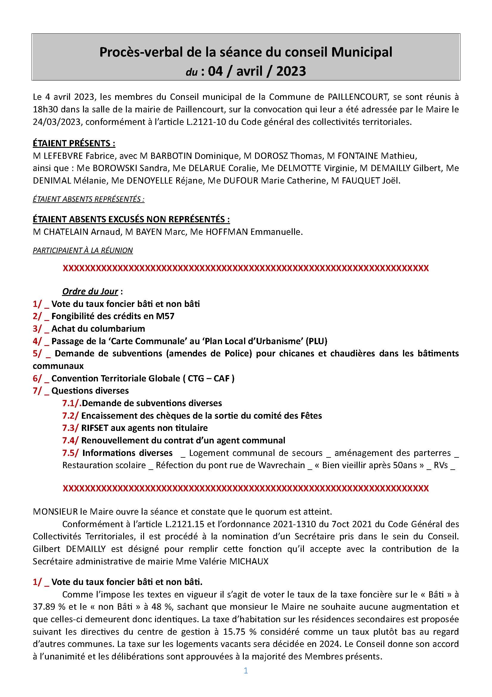 Procès-verbal de la séance du conseil Municipal du : 04 / avril / 2023 – Paillencourt